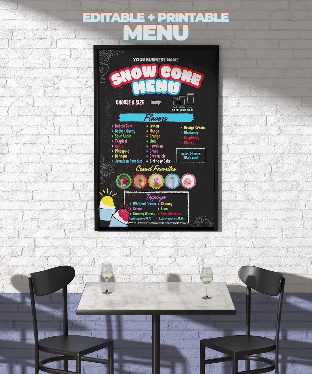 Editable Menu Template, 24x36in Printable Shaved Ice Menu, Snow Cone ...