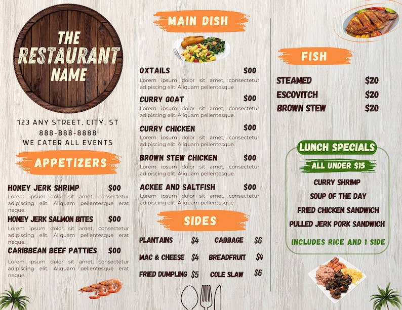 Editable Menu Template, Caribbean Inspired Menu, Printable Menu, Food ...