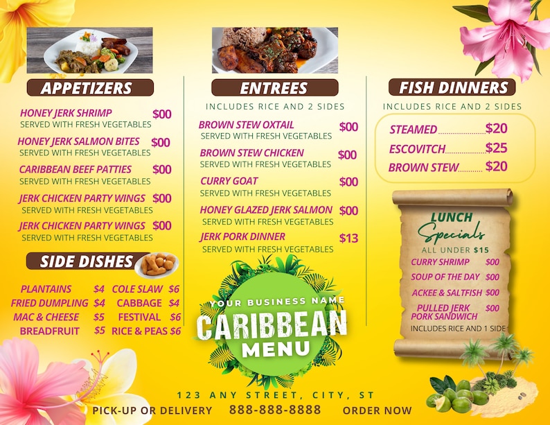 Editable Menu Template, Caribbean Restaurant E-menu, Printable Menu ...