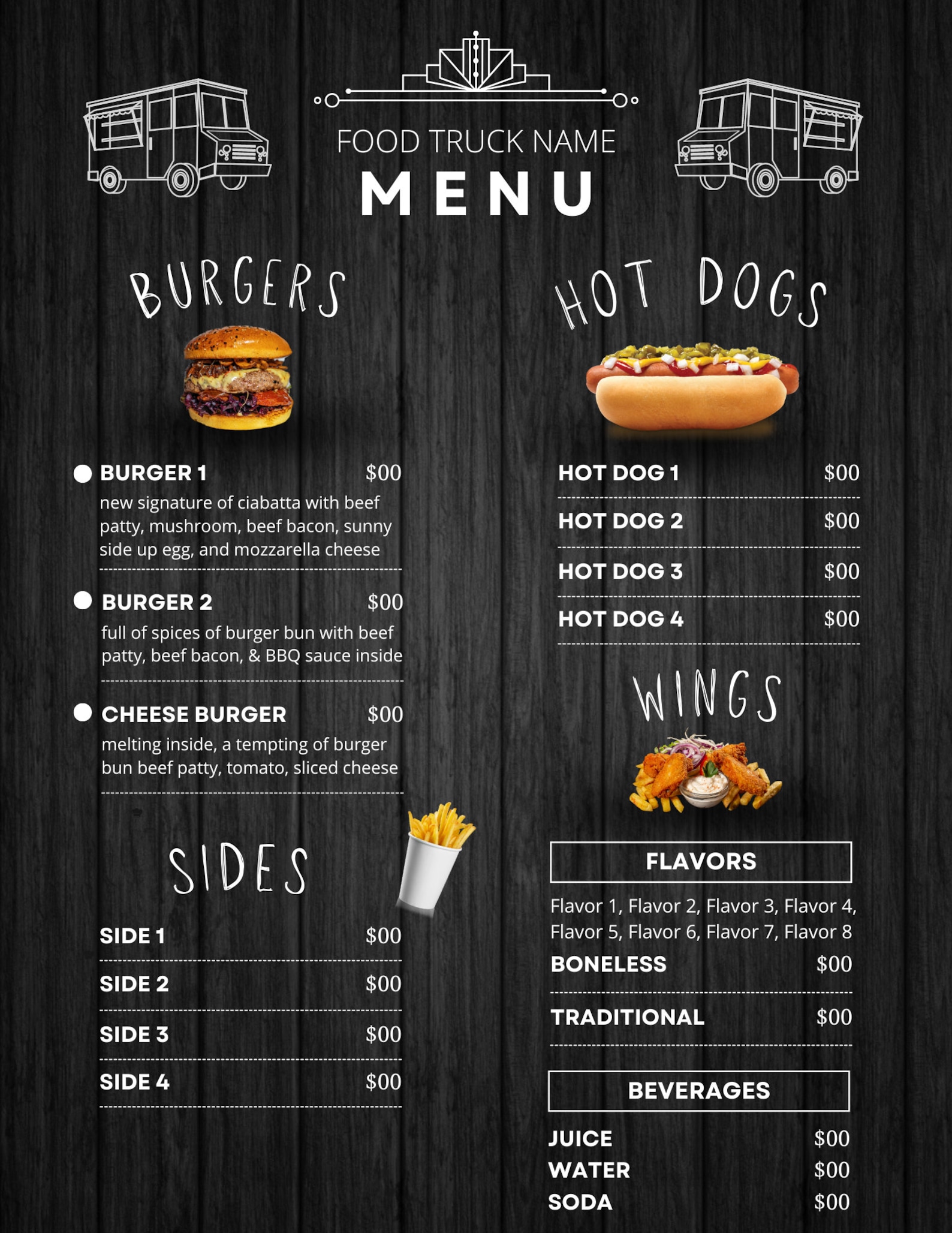 Editable Food Menu, Black Wood Menu, Food Truck Menu, Restaurant Menu ...