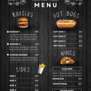 Editable Food Menu, Black Wood Menu, Food Truck Menu, Restaurant Menu ...