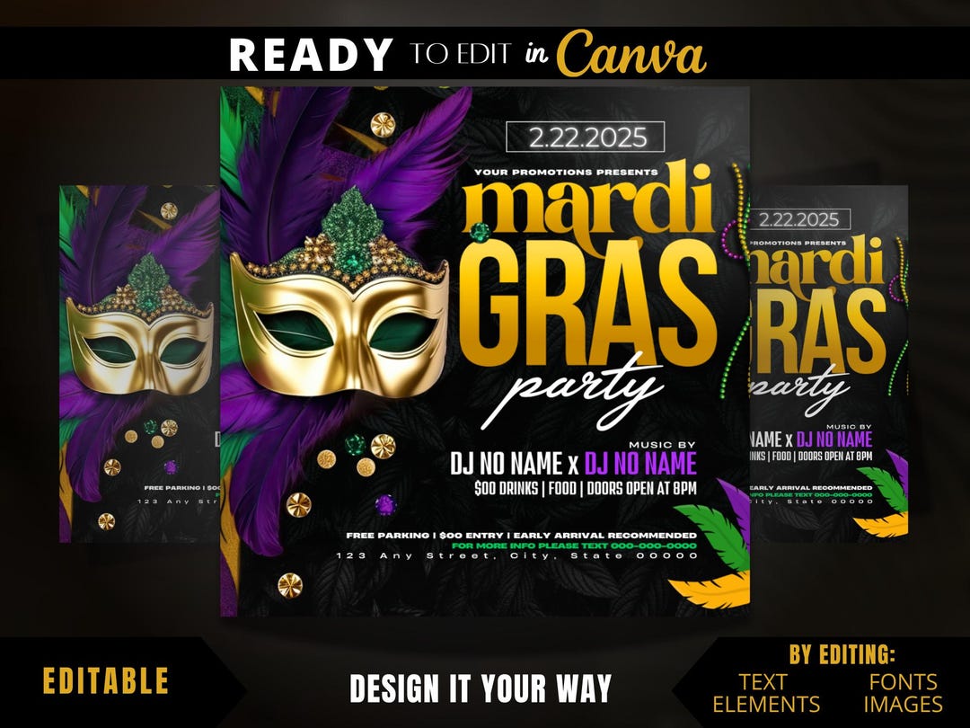 Editable Flyer Template, Mardi Gras Flyer, Mardi Gras Party, Fat ...