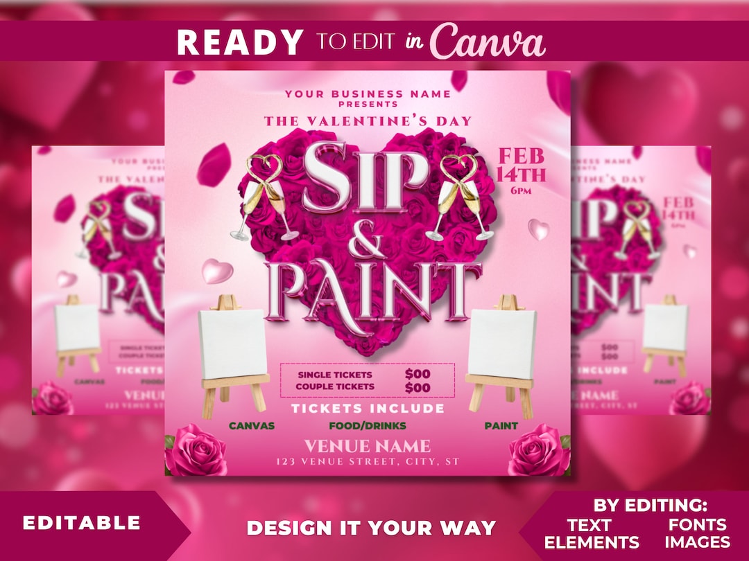 Editable Flyer Template, Valentine's Day Sip and Paint, Luxury Sip and ...
