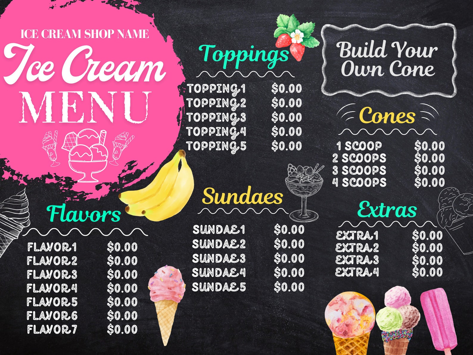 Editable Menu Template Chalkboard Ice Cream Menu Ice Cream - Etsy