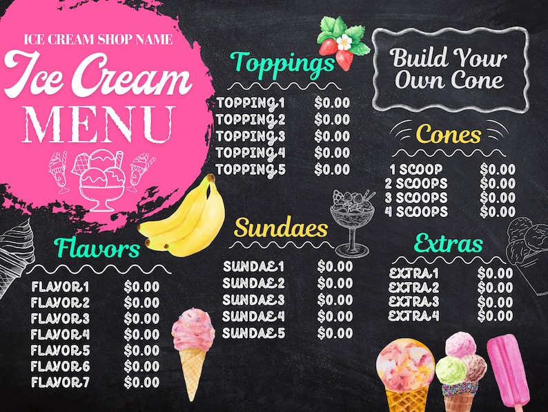 Chalkboard Ice Cream Menu Template: Editable Dessert Shop Menu ...