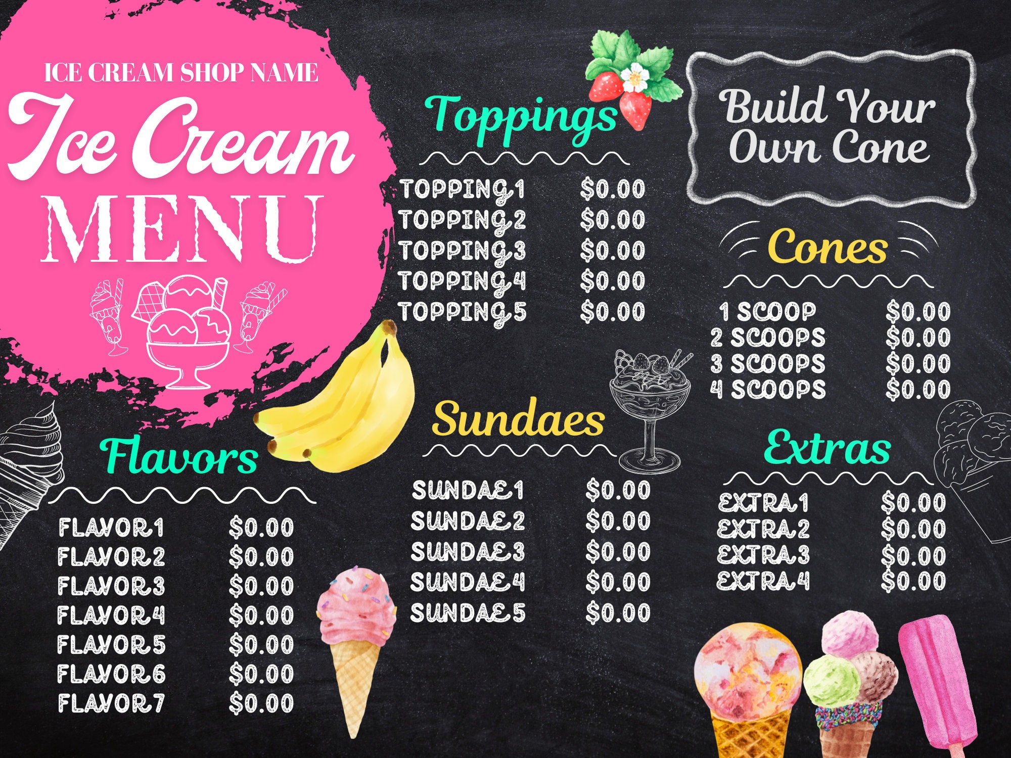 Editable Menu Template Chalkboard Ice Cream Menu Ice Cream Etsy Uk
