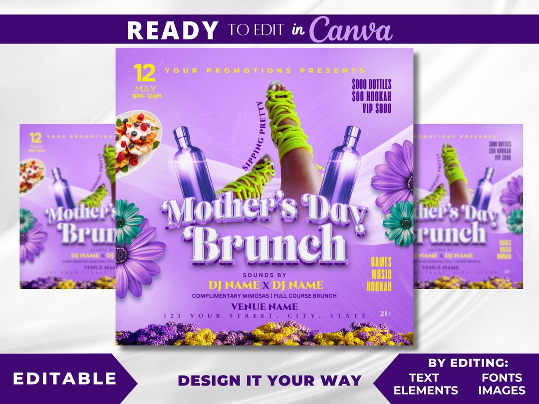 Editable Flyer Template, Sipping Pretty Mother's Day Brunch, Bar and ...