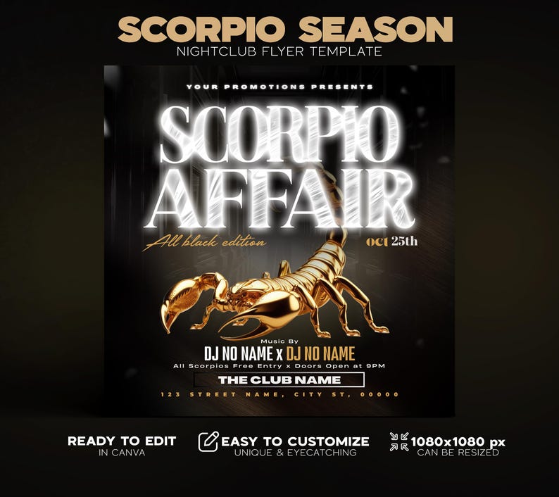 Editable Flyer Template, Scorpio Season Flyer, All Black Party Flyer ...