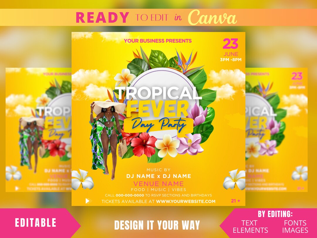 Editable Flyer Template, Tropical Fever Day Party Flyer, Party Flyer ...