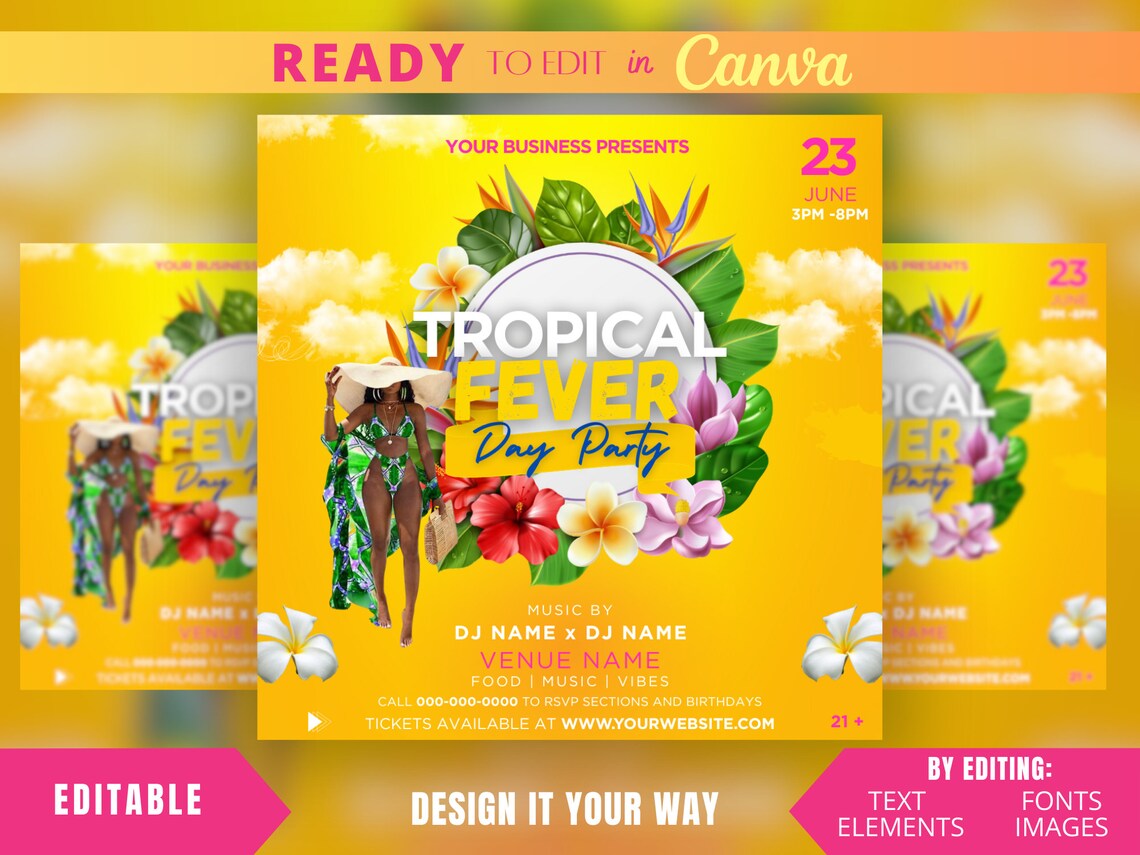 Editable Flyer Template, Tropical Fever Day Party Flyer, Party Flyer ...
