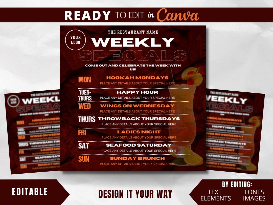 Editable Weekly Specials Flyer: Restaurant & Bar Marketing (canva ...