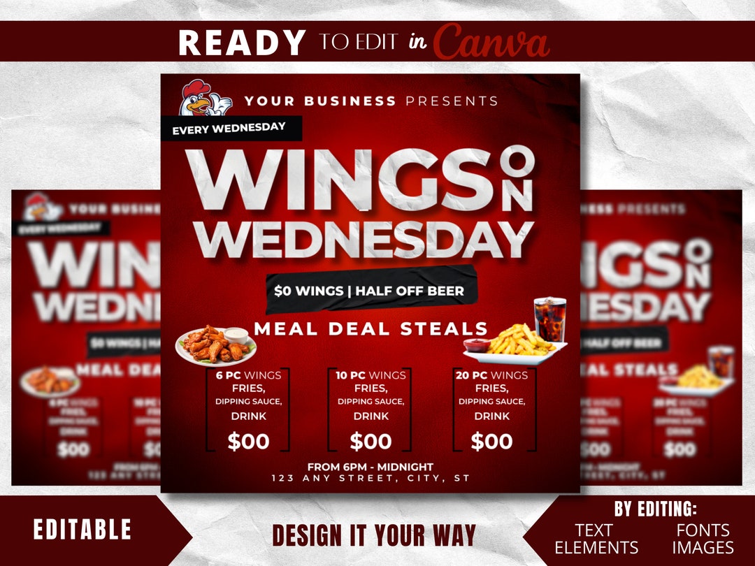 Editable Flyer Template, Wings on Wednesdays, Bar and Grill, Lounge ...