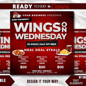 Editable Flyer Template, Wings on Wednesdays, Bar and Grill, Lounge ...