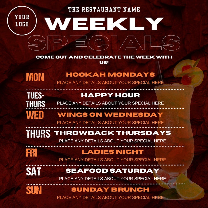 Editable Weekly Specials Flyer: Restaurant & Bar Marketing (canva ...