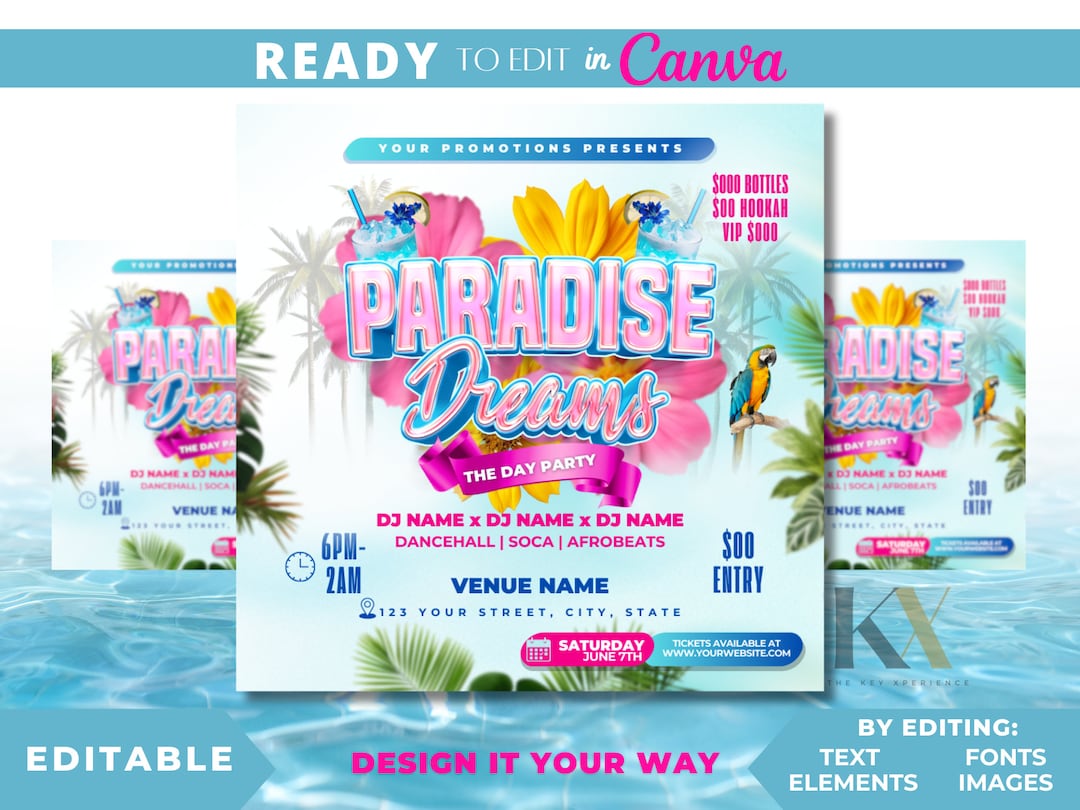 Editable Flyer Template, Paradise Dreams, Summer Party, Caribbean ...