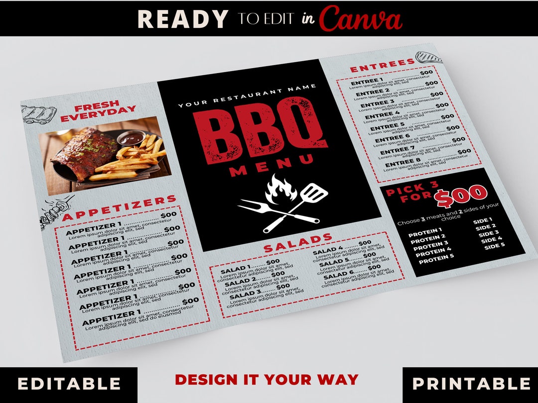 Editable Menu Template, BBQ Menu, Printable, Food Truck Menu, BBQ Flyer ...
