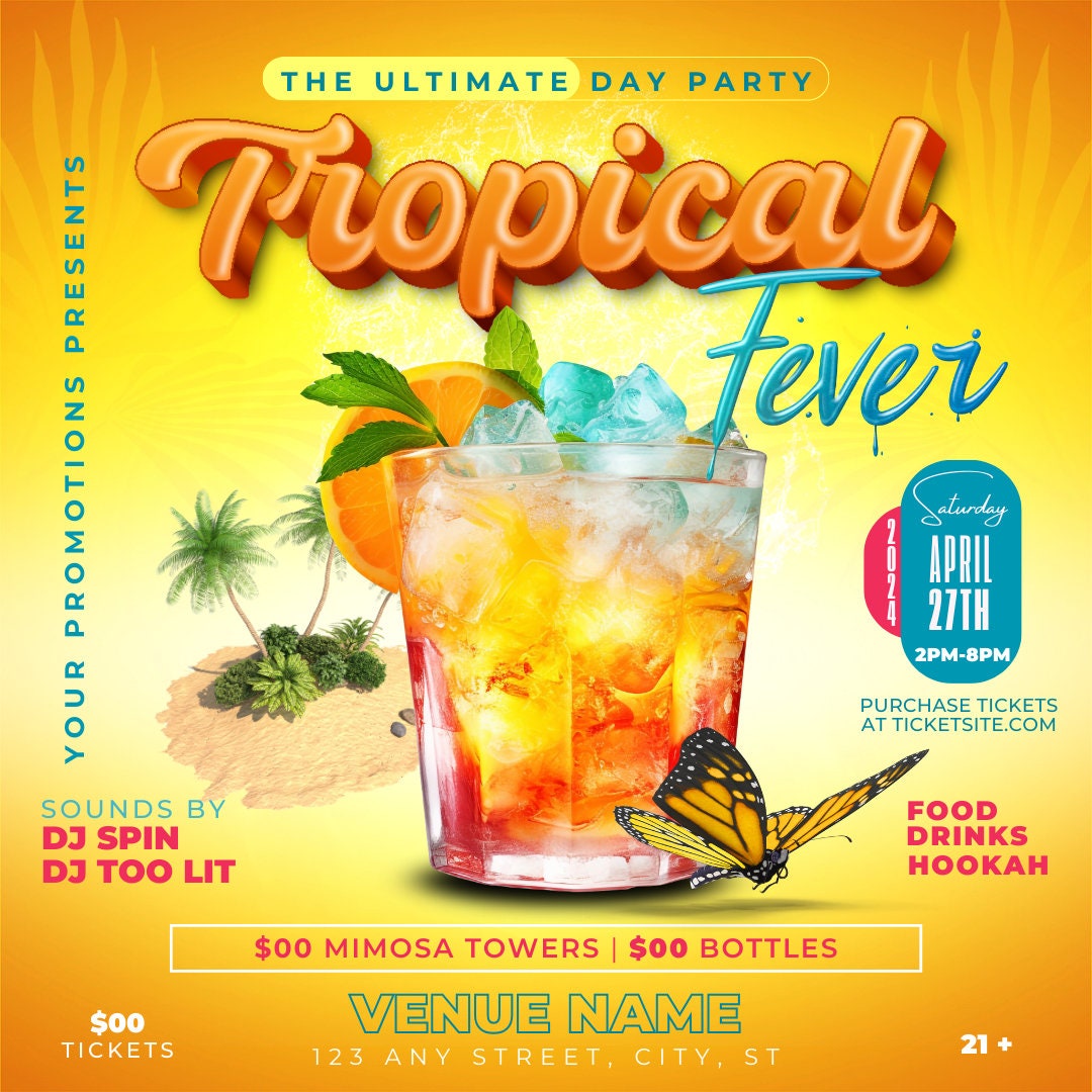 Editable Flyer Template, Tropical Fever Day Party Flyer, Luau, Tropical ...