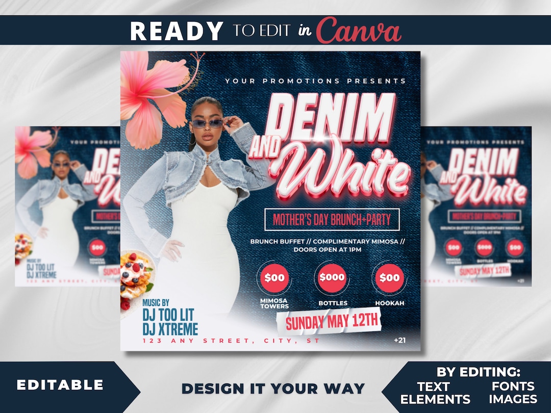 Editable Flyer Template, Denim Party Flyer, Brunch, Mother's Day Brunch ...