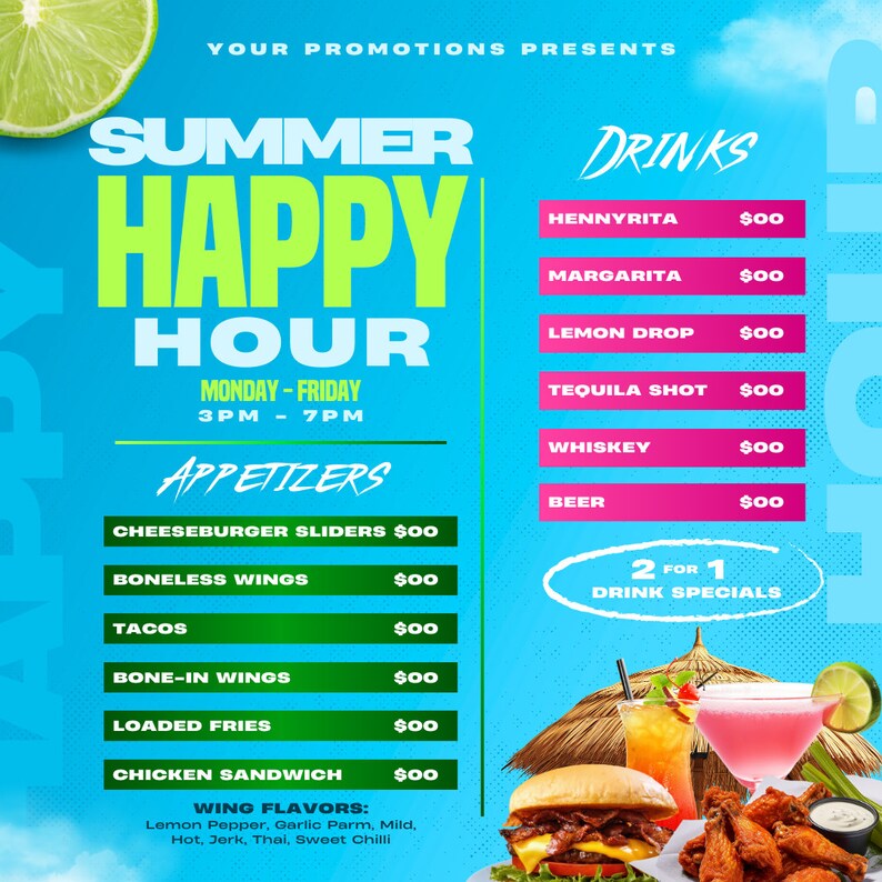 Editable Flyer Template, Sunny Skies Happy Hour, Summer Happy Hour ...