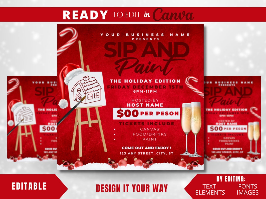 Editable Flyer Template, Christmas Sip and Paint, Holiday Sip and Paint ...