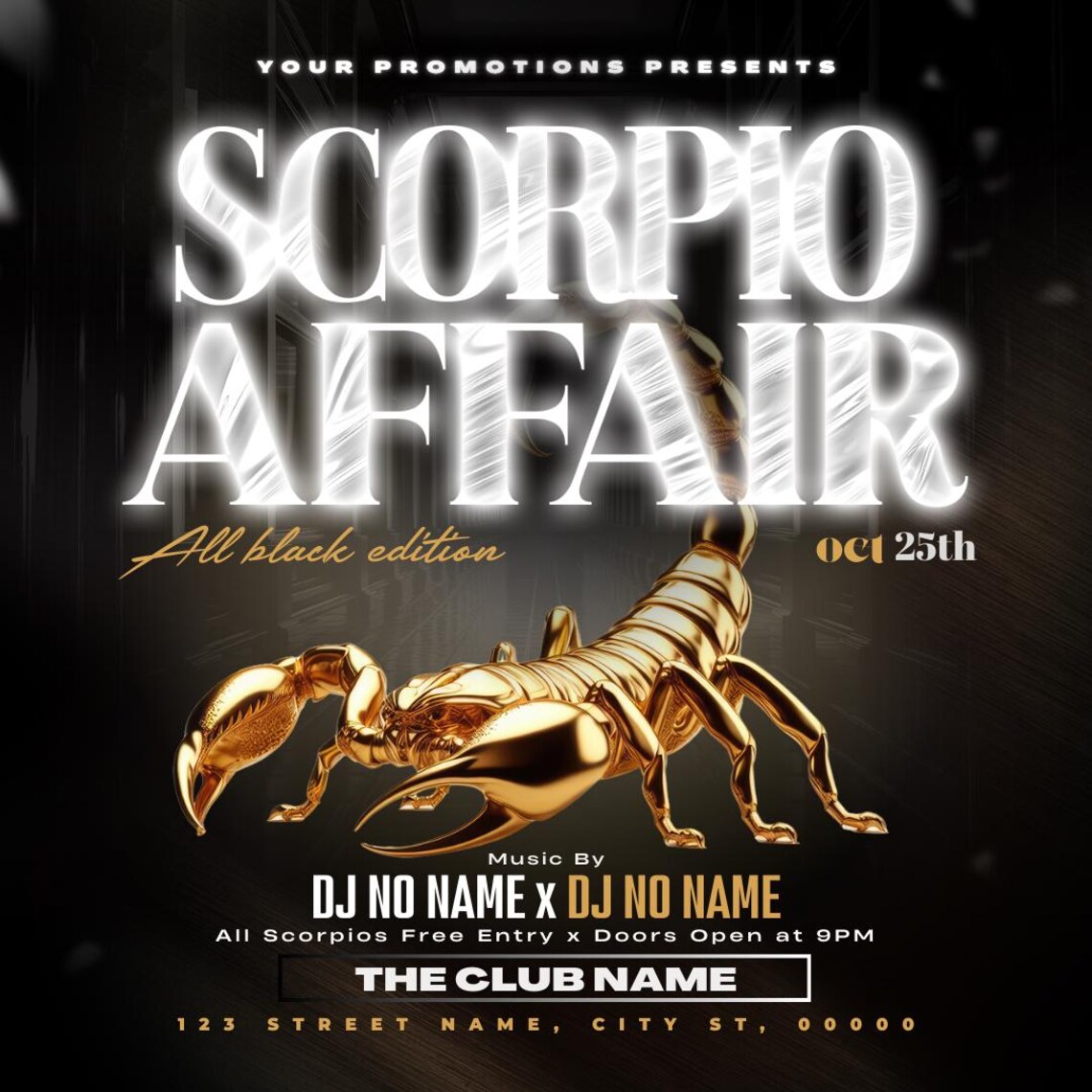 Editable Flyer Template, Scorpio Season Flyer, All Black Party Flyer ...