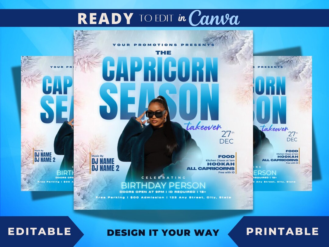 Editable Flyer Template, Capricorn Season, Capricorn Party, Capricorn ...