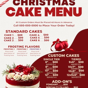 Editable Menu Template, Christmas Cake Menu, Dessert Menu, Cake Shop ...