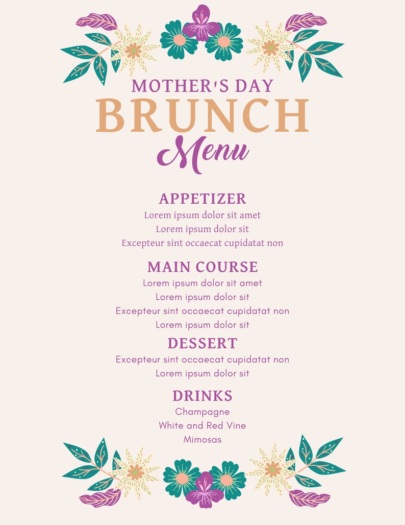 Editable Menu Template Printable Menu Template Brunch Menu - Etsy
