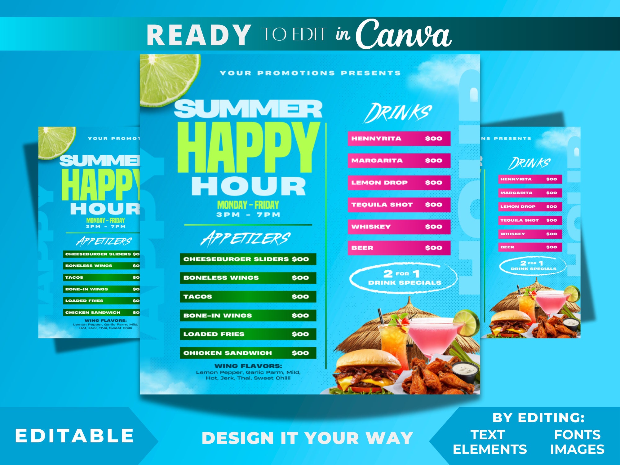 Editable Flyer Template, Sunny Skies Happy Hour, Summer Happy Hour ...