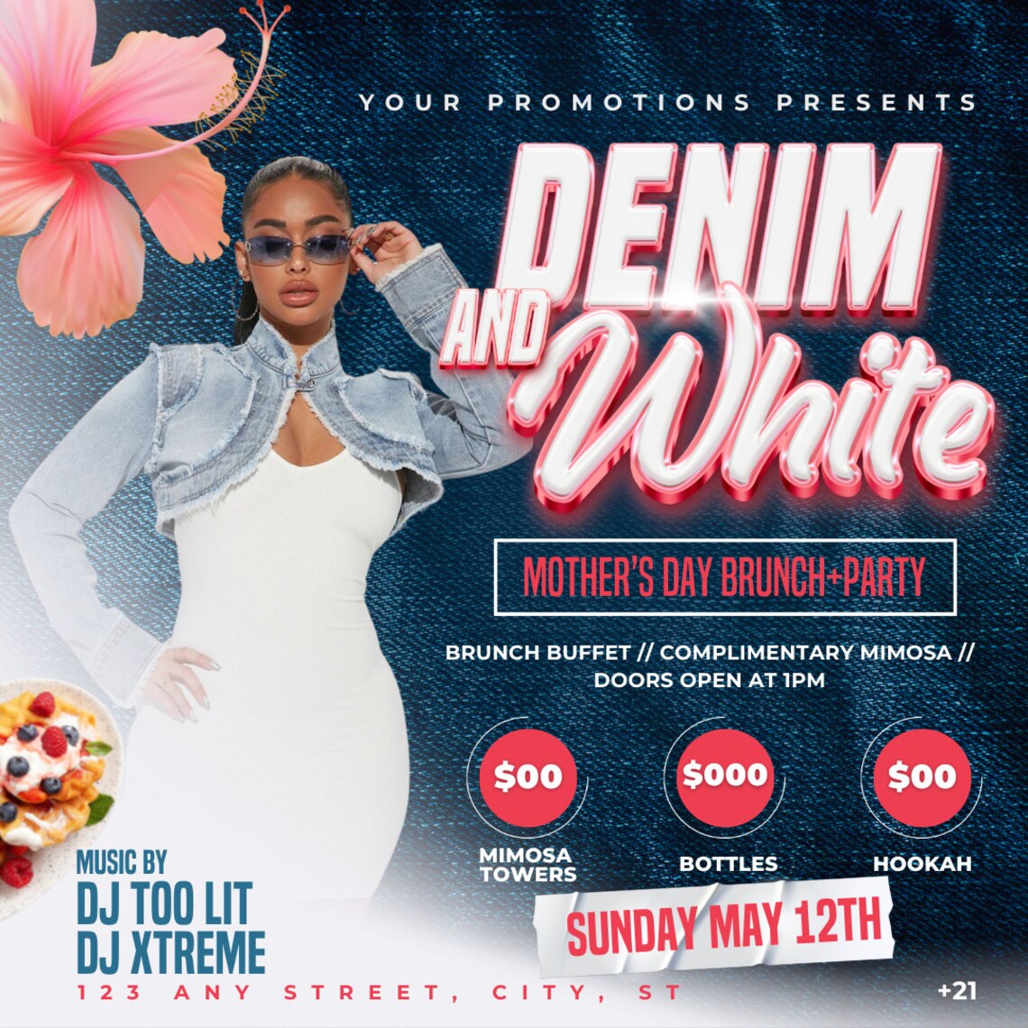 Editable Flyer Template, Denim Party Flyer, Brunch, Mother's Day Brunch ...