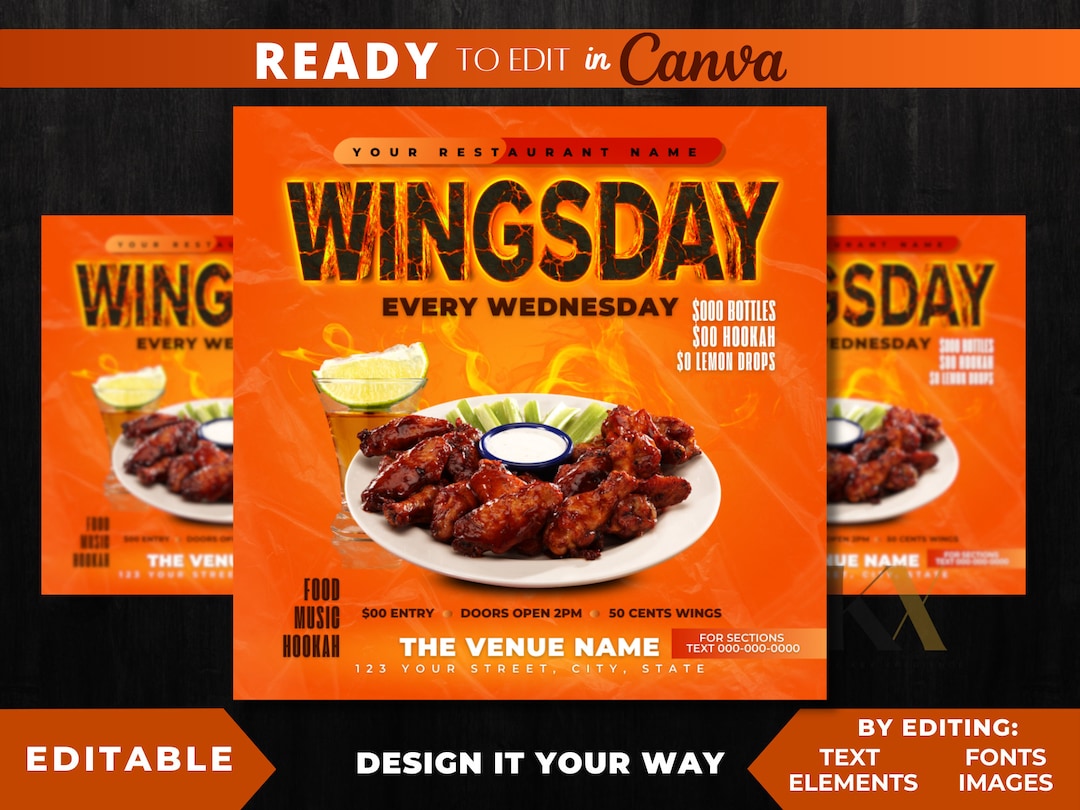 Editable Flyer Template, Wings on Wednesdays, Bar and Grill, Lounge ...