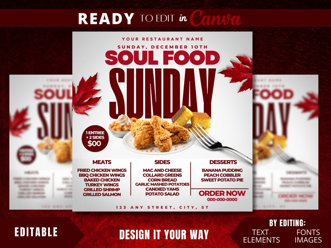 Editable Flyer Template, Soul Food Sunday, Soul Food Flyer, Food Flyer ...