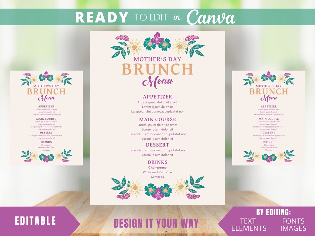 Editable Menu Template, Printable Menu Template, Brunch Menu, Mother's ...