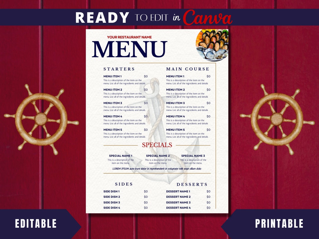 Editable Restaurant Menu Template, Nautical Menu, Menu, Catering Price ...