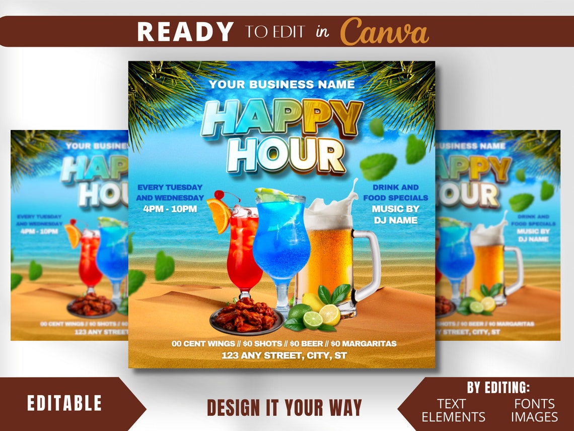 Editable Flyer Template Happy Hour Tropical Happy Hour - Etsy