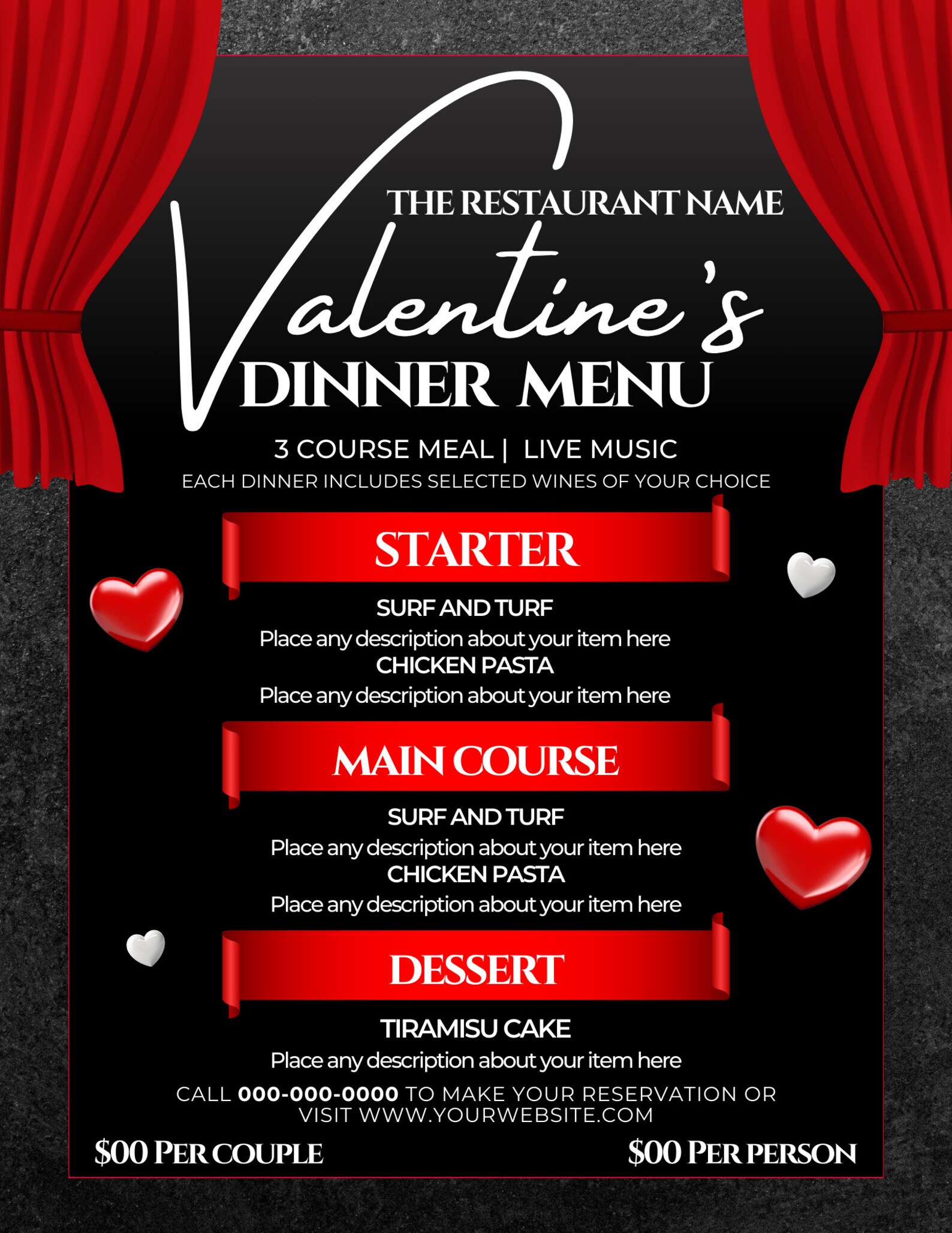 Editable Menu Template, Valentine's Day Dinner Menu, Pre-fixe Dinner ...