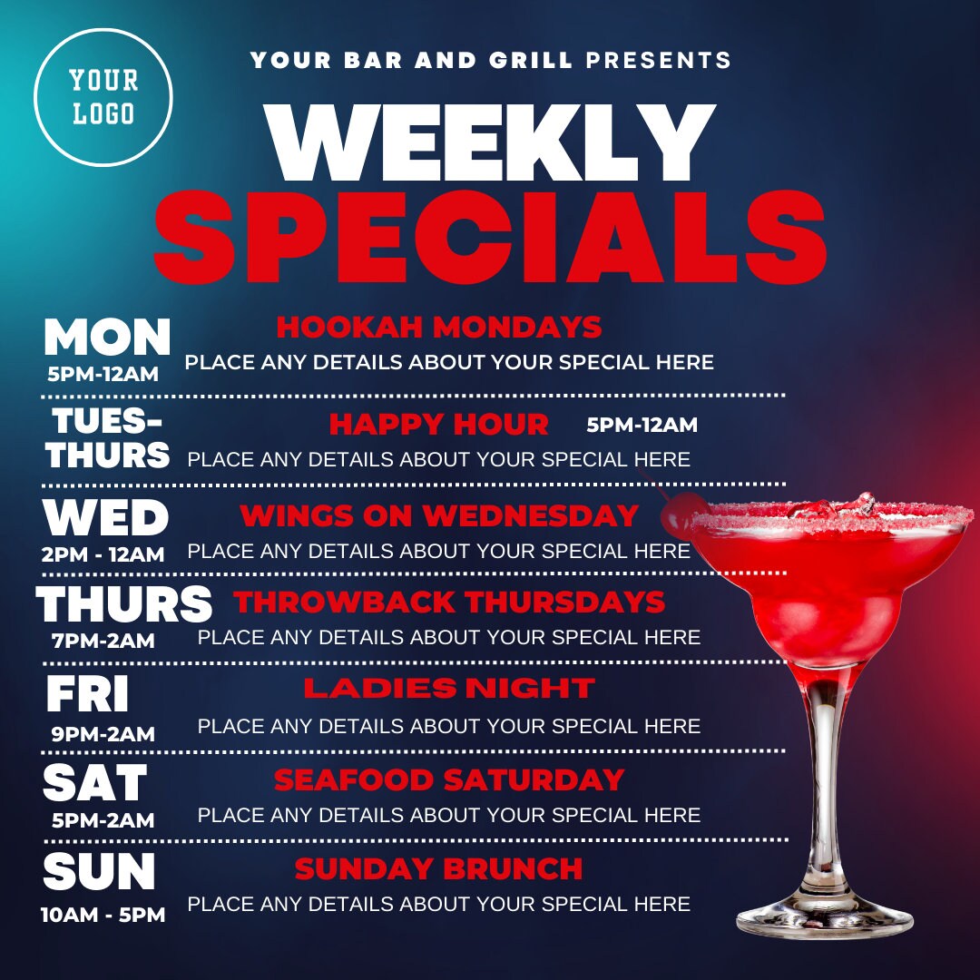 Editable Flyer Template, Weekly Specials, Restaurant Marketing, Bar and ...