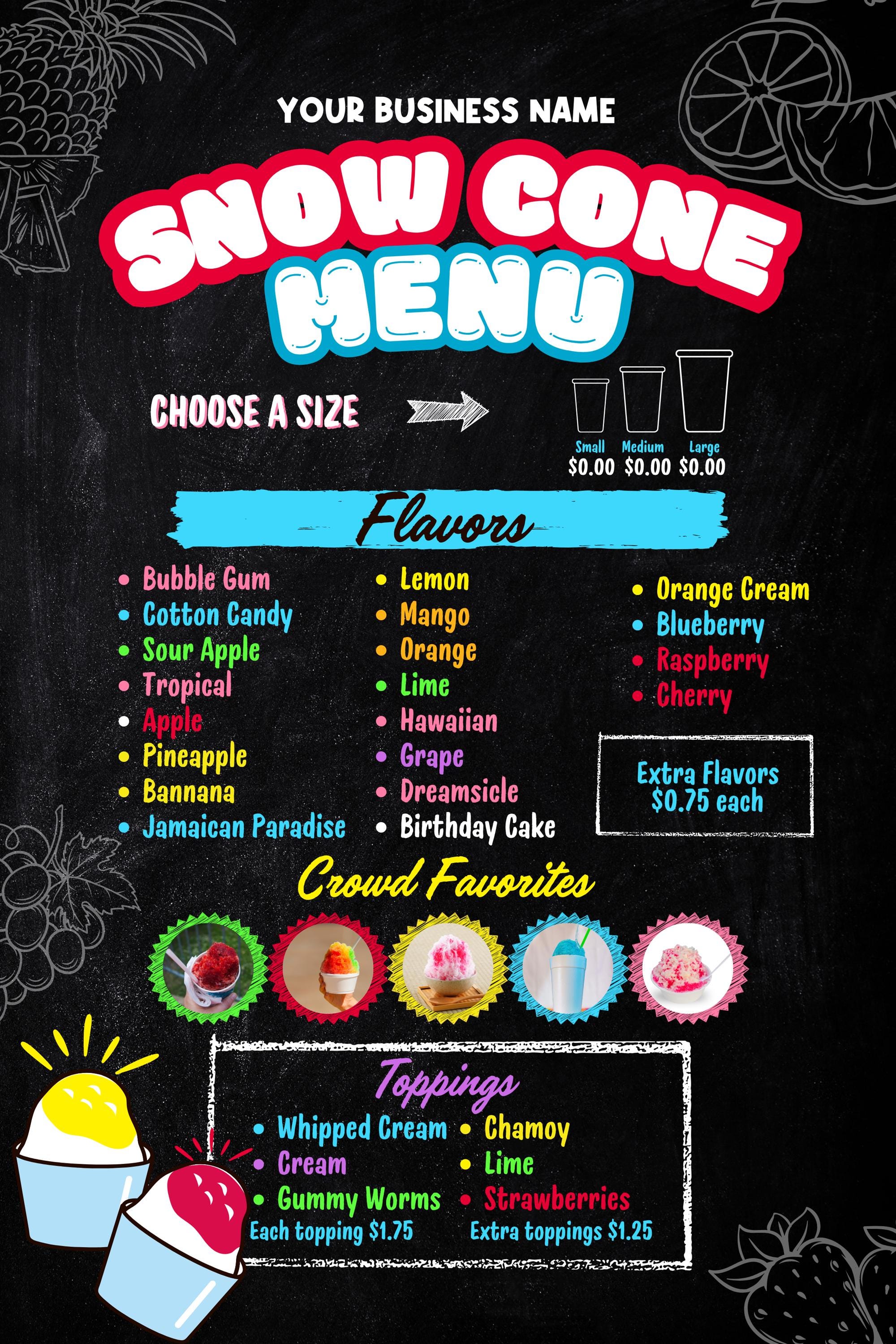 Editable Menu Template, 24x36in Printable Shaved Ice Menu, Snow Cone ...
