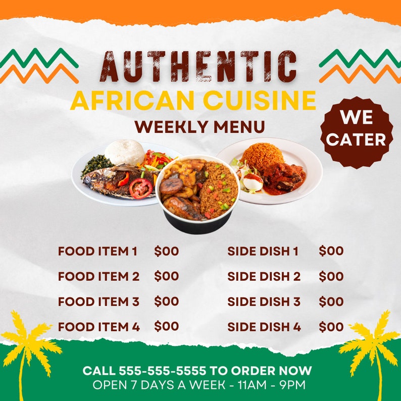 Editable Weekly Menu Template African Inspired Restaurant - Etsy
