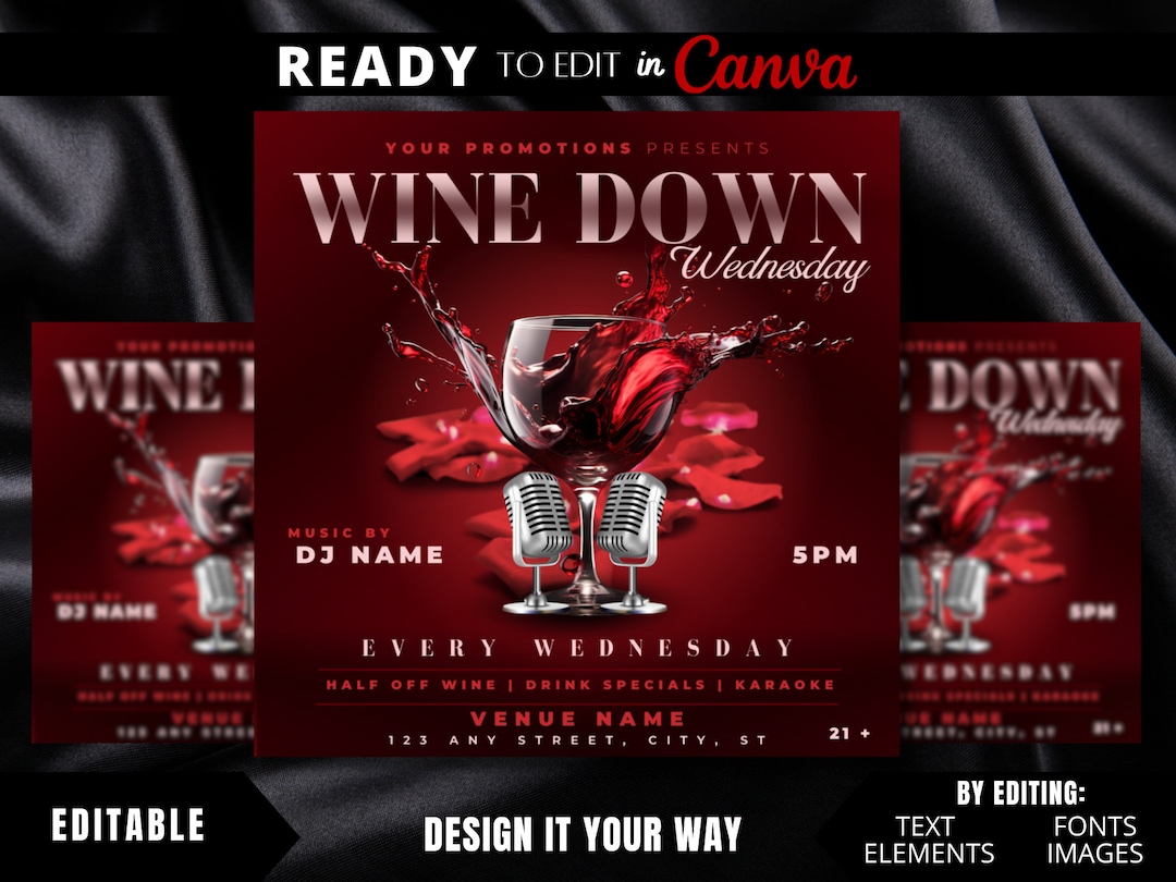 Editable Flyer Template, Wine Down Wednesdays, Luxury Wine Flyer, Club ...