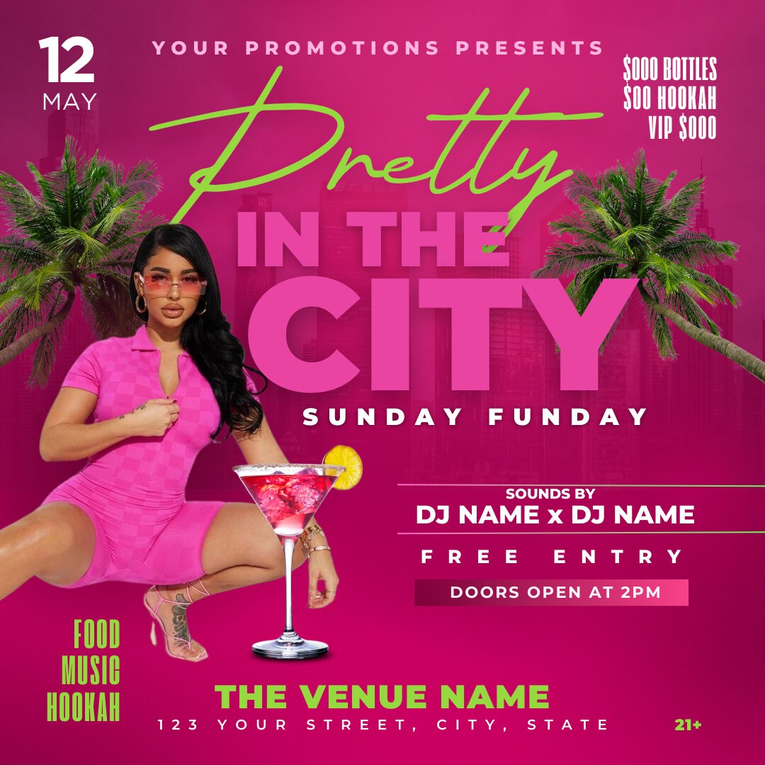 Editable Flyer Template, Pretty in the City Flyer, Sunday Funday, Club ...