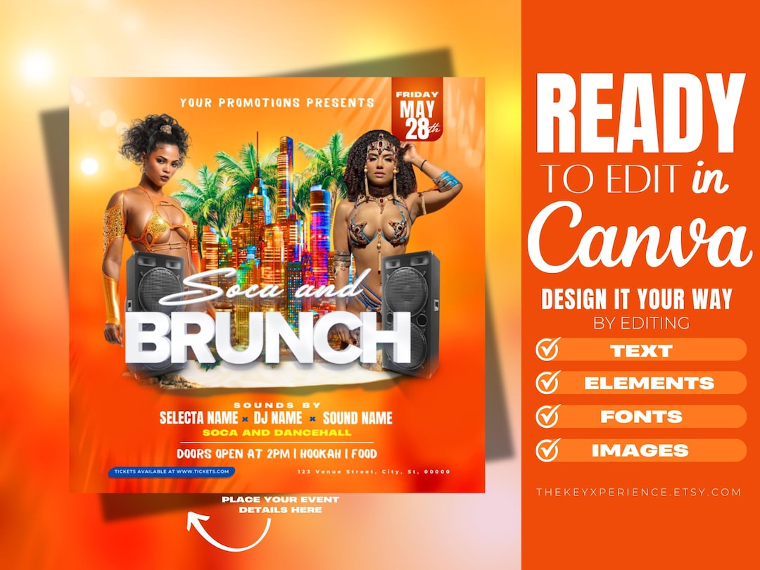 Editable Flyer Template, Soca Brunch, Caribbean Carnival Flyer ...