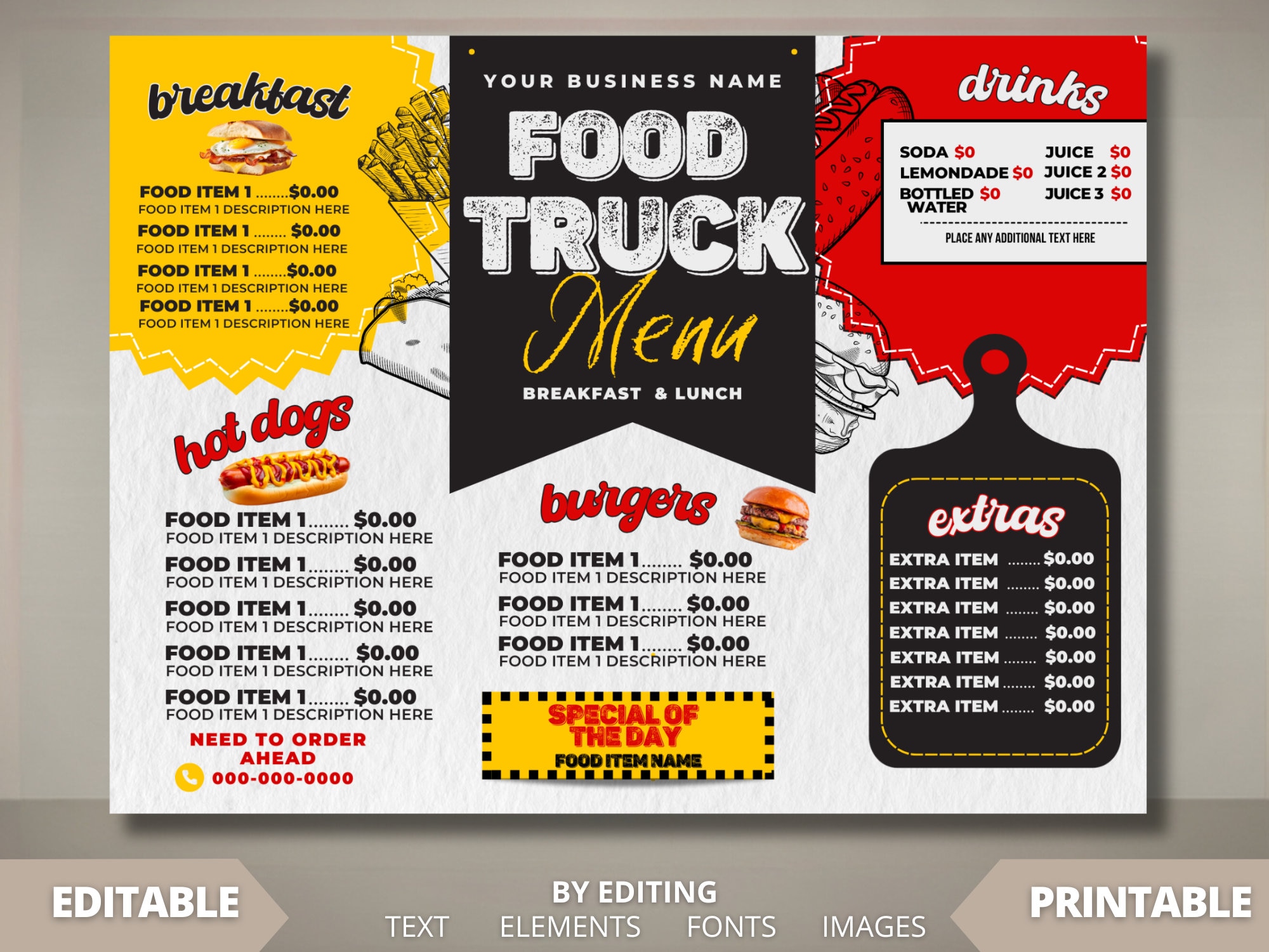 Editable Food Menu, Black Wood Menu, Food Truck Menu, Restaurant Menu ...