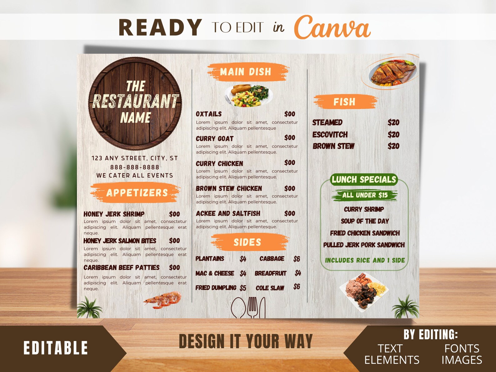 Editable Menu Template, Caribbean Inspired Menu, Printable Menu, Food ...