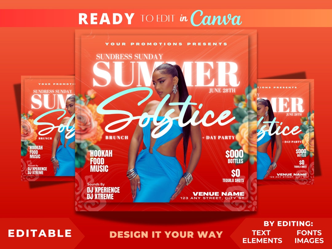 Editable Flyer Template, Summer Solstice, Sundress Day Party, Day Party ...