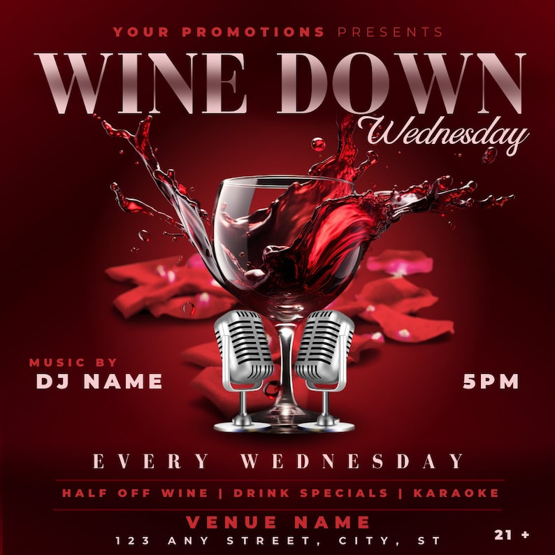 Editable Flyer Template, Wine Down Wednesdays, Luxury Wine Flyer, Club ...