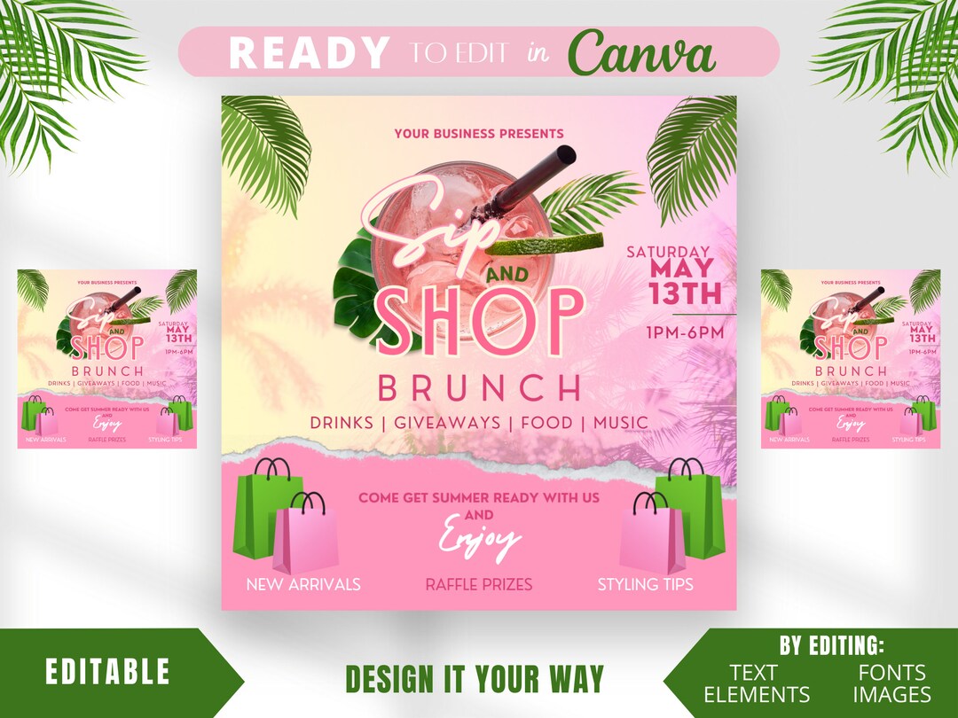 Editable Flyer Template, Tropical Sip and Shop, Pop up Shop, Spring Pop ...