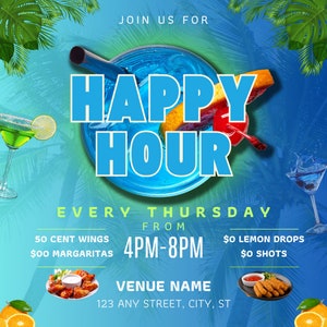 Editable Flyer Template, Blue Paradise Happy Hour Flyer, Bar and Grill ...