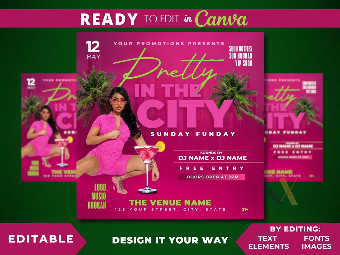 Editable Flyer Template, Pretty in the City Flyer, Sunday Funday, Club ...