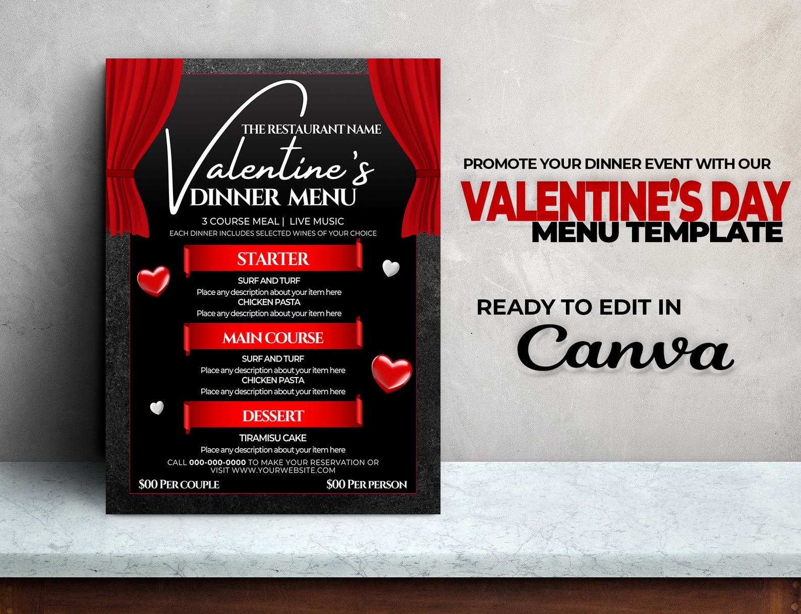 Editable Menu Template, Valentine's Day Dinner Menu, Pre-fixe Dinner ...